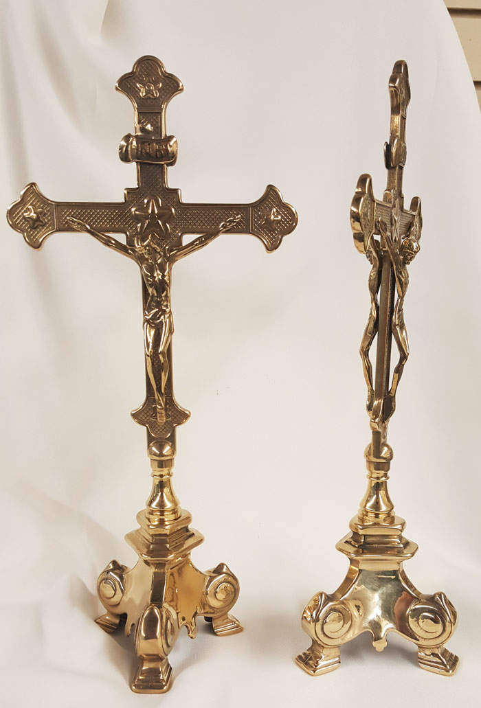 Double Sided Standing Crucifix, Shiny Brass, 13"