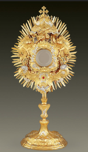 Monstrance with sunburst, Baroque ornaments, silver accents, ht 22 in