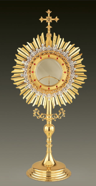 Sunburst Monstrance for host 6 in, 24 kt gold plated brass, big 35.5 in